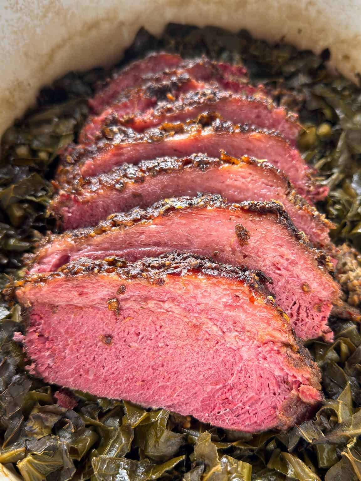 Southern Style Corned Beef with Collard Greens and Bacon (Dutch Oven)